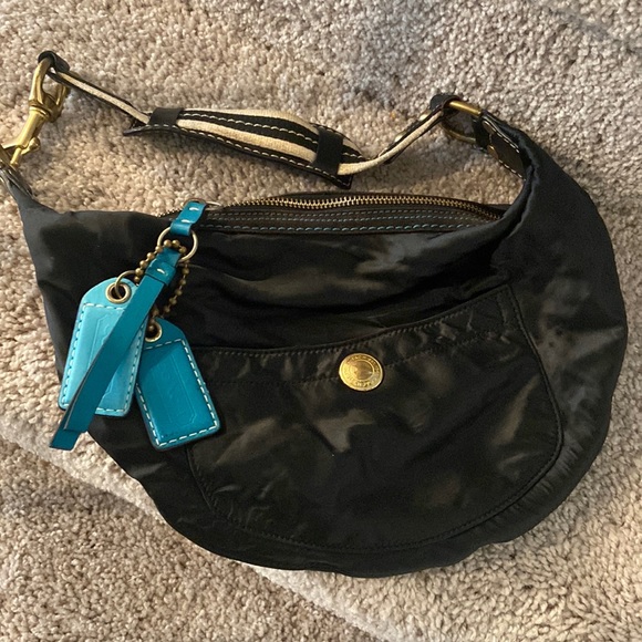 Coach | Bags | Coach Nylon Leather Handbag Hobo Style Blackgold | Poshmark